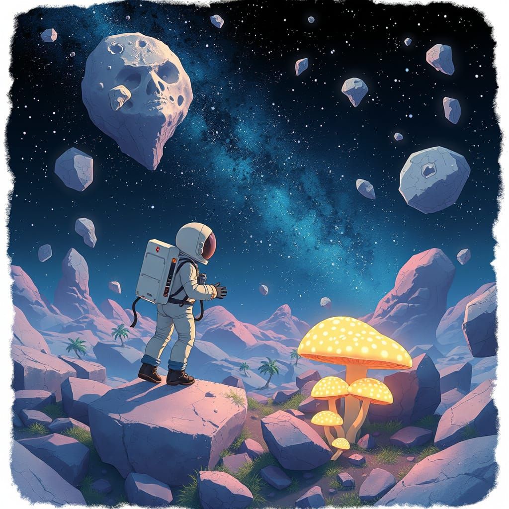 Celestial Mushrooms Unfurl in Asteroid Field, Anim... - AI Art