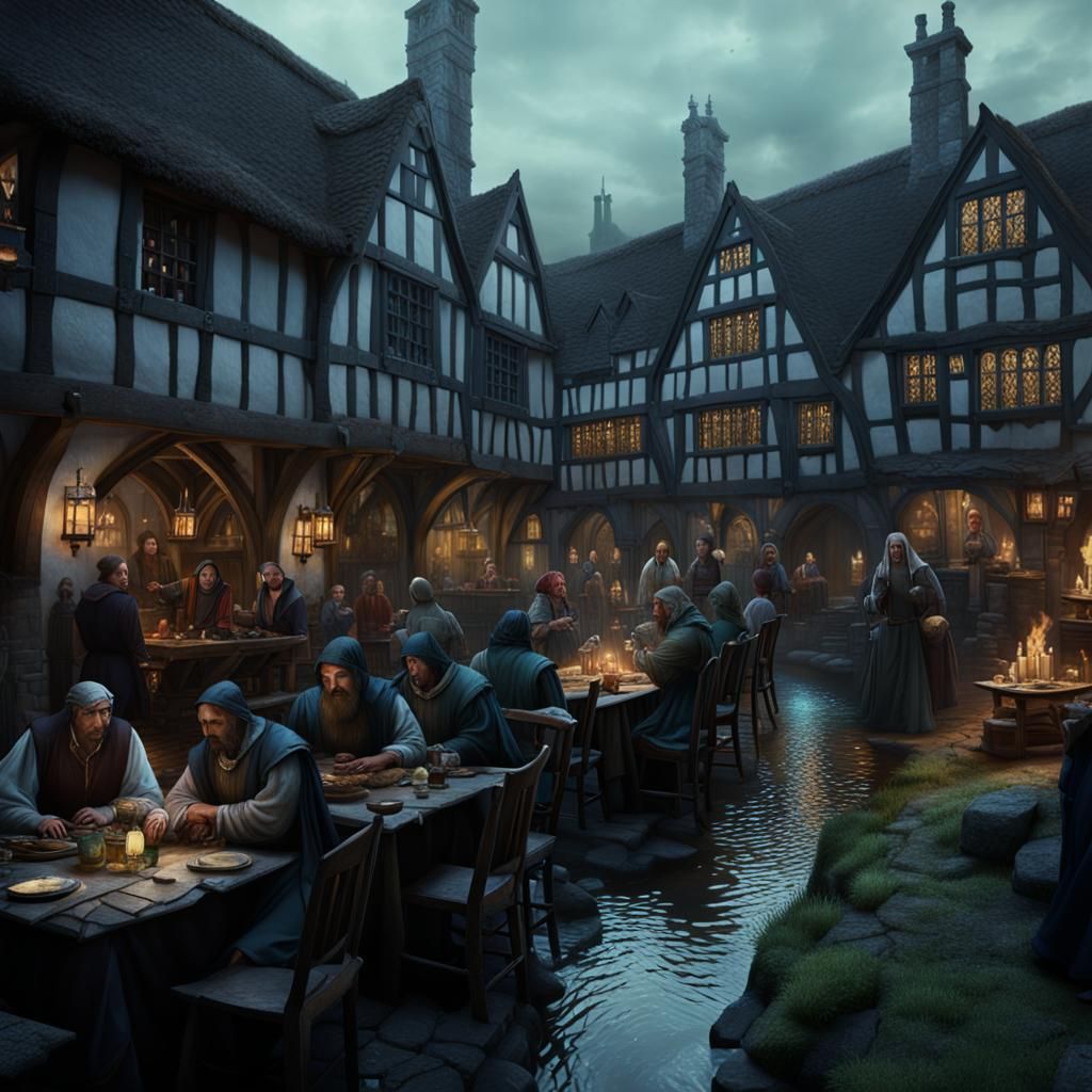 Medieval Tudor Inn people at tables, next to a stream | Epic cinematic ...