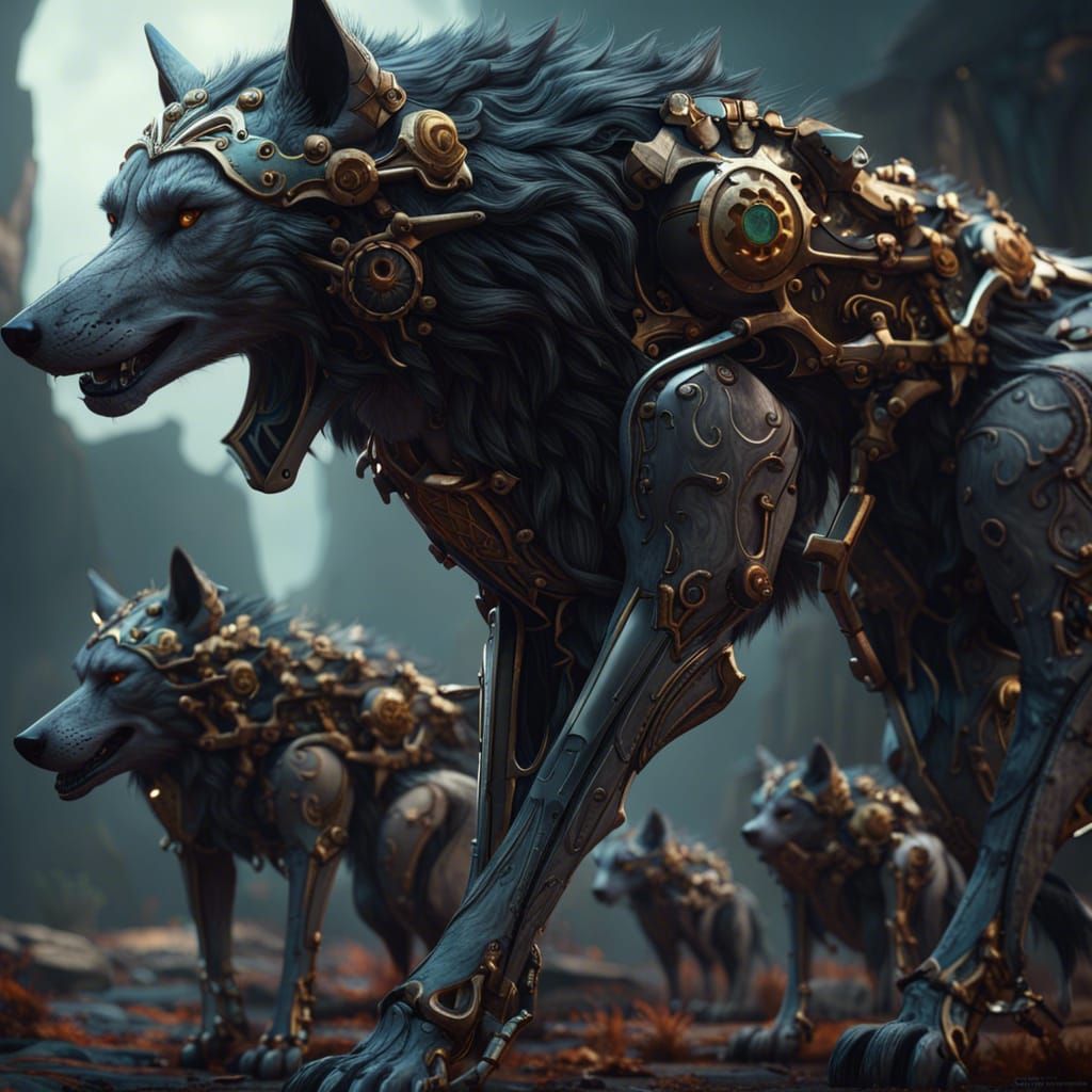 A pack of wolves with mechanical body parts - AI Generated Artwork ...