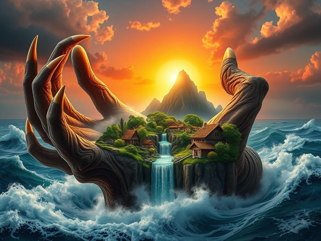 surreal art, carne griffiths inspired, A colossal monster hand with ...