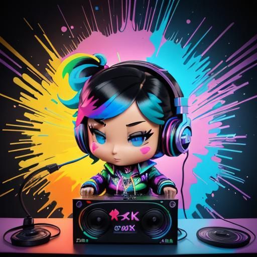 DJ CHIBI at a desk with headphones in a nightclub - AI Generated ...