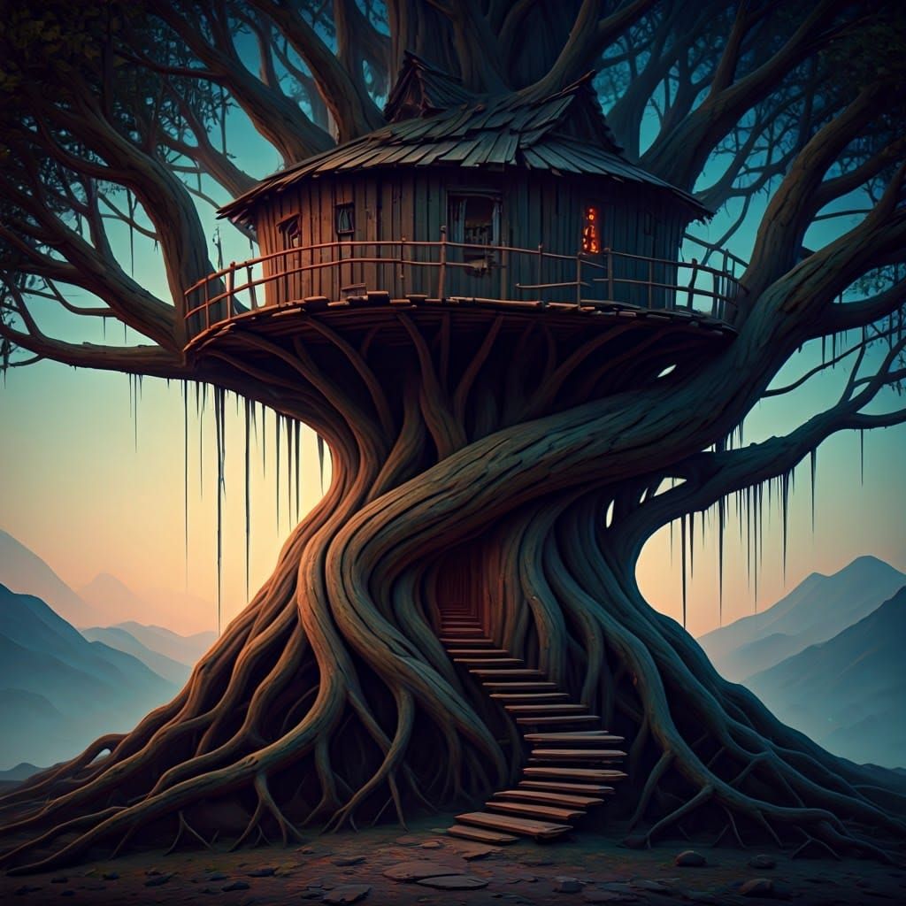 Vibrant Treehouse in Futuristic Whimsy Style - AI Art