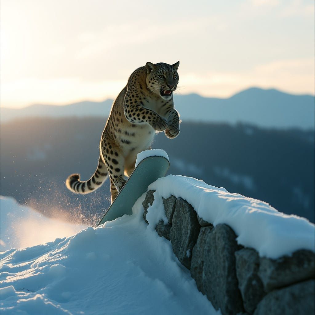 Snow Leopard Leaps Through Cinematic Snowy Landsca... - AI Art