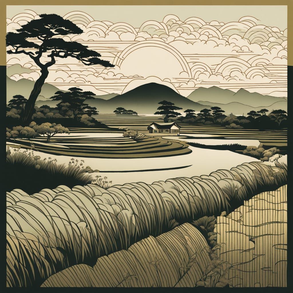 Serenity in Golden Rice Fields: Woodcut-Inspired M... - AI Art