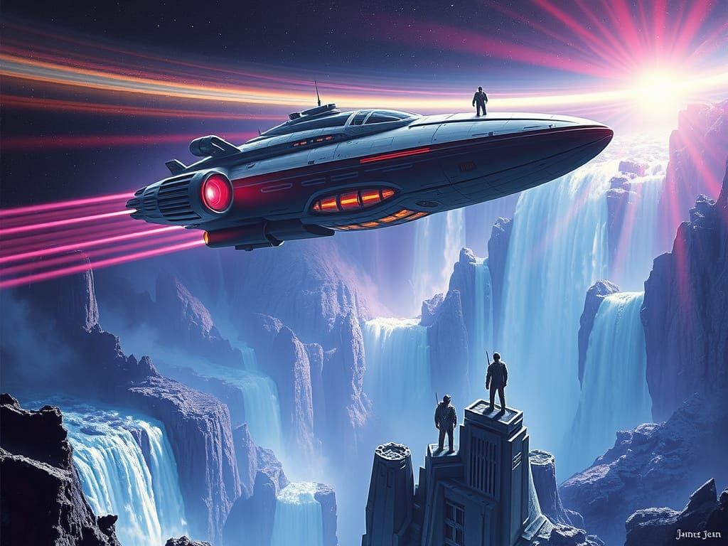 retrofuturistic starship hovering over pulp novel ... - AI Art