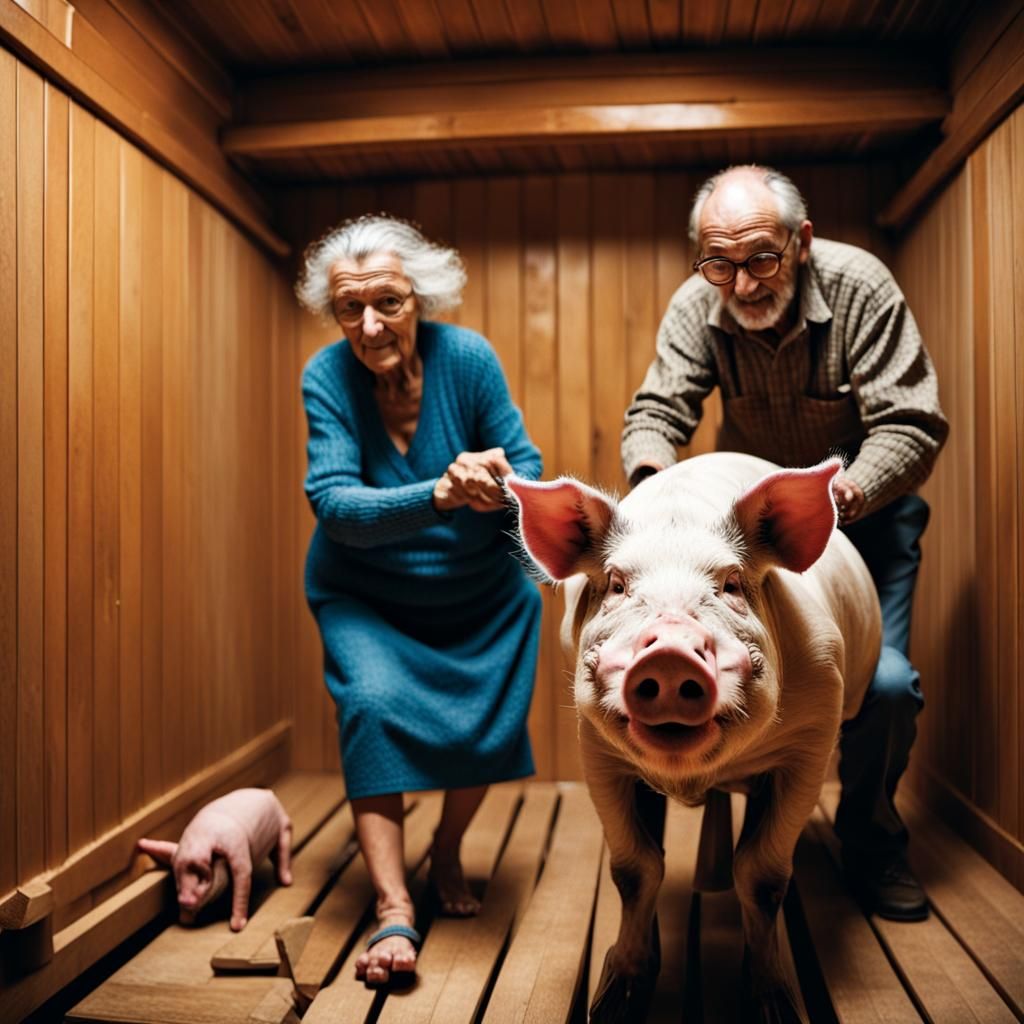 Grandpa and Grandma chasing the pig in the sauna - AI Generated Artwork ...