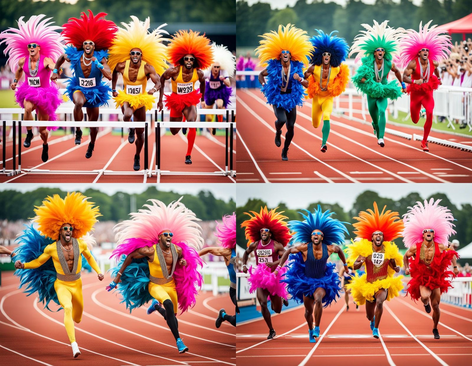 Men wearing drag clothes with outlandish colours, feather boas and huge ...