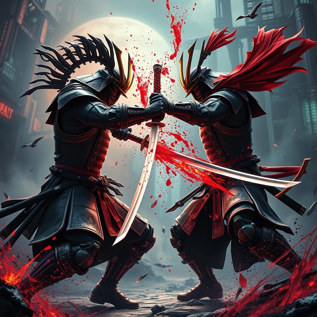 Surreal Samurai Duel in a Futuristic Dreamscape - AI Art