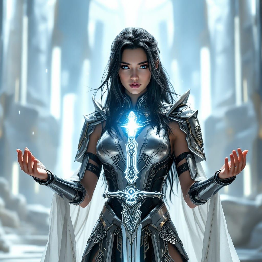 Powerful Norse Valkyrie in Futuristic Armor Radiat... - AI Art