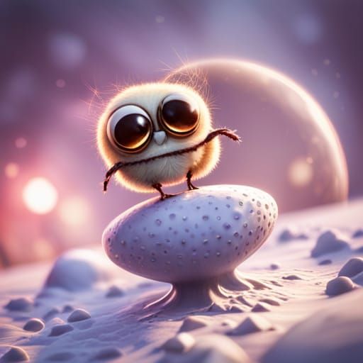 adorable furry smiling spider with cute owl eyes on bed, storybook ...