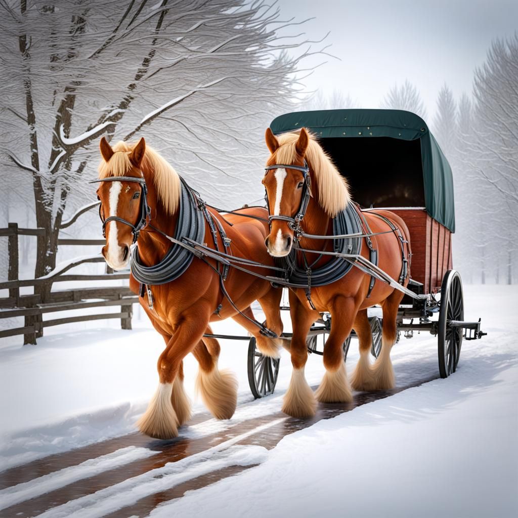 Chestnut Belgian draft horse pulling a wagon in the snow, 64k ...