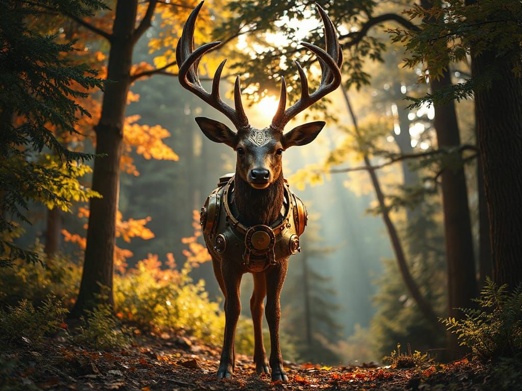 Majestic Steampunk Deer in Enchanting Forest Lands... - AI Art