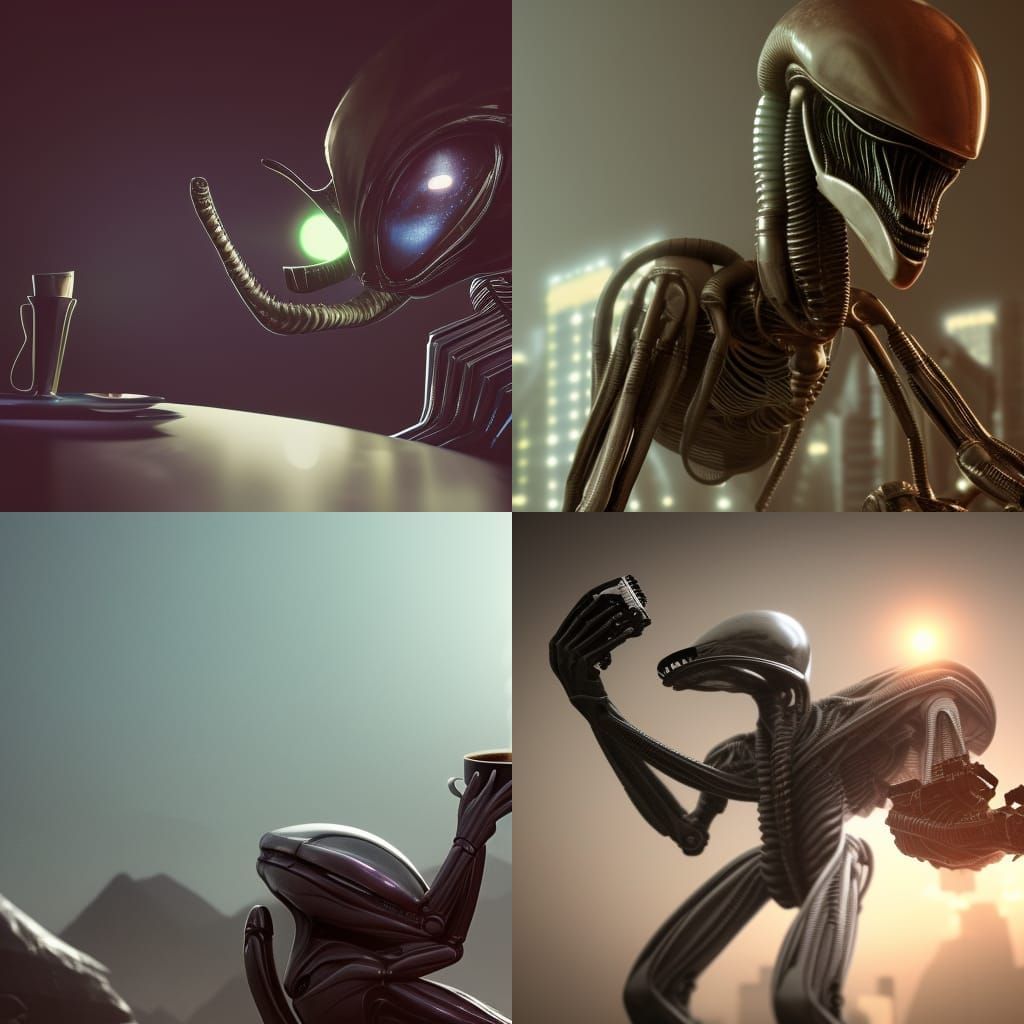 Alien drinking coffee (Mecha) - AI Generated Artwork - NightCafe Creator