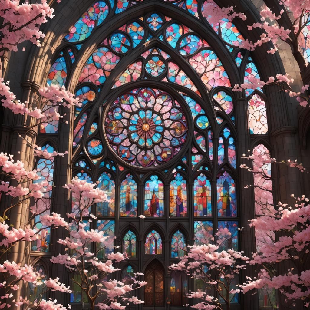 traditional stain glass cathedral, small vibrant light pink cherry ...
