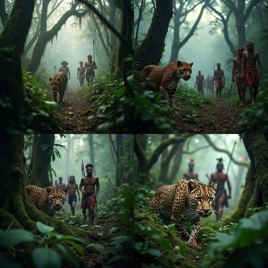 Ancient Papua New Guinea Jungle Scene with Leopard... - AI Art