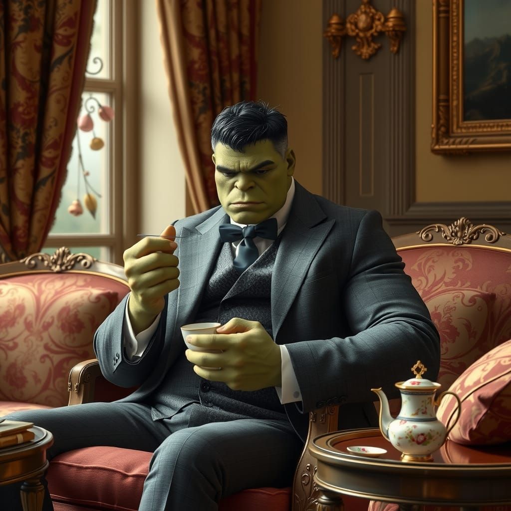 Hulk Embroiders in Elegant Parlor with Tea - AI Art
