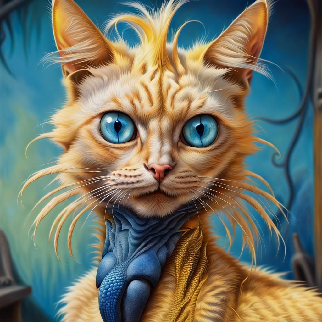 A yellow cat with a long blue beak and lizard eyes. Surreal background ...