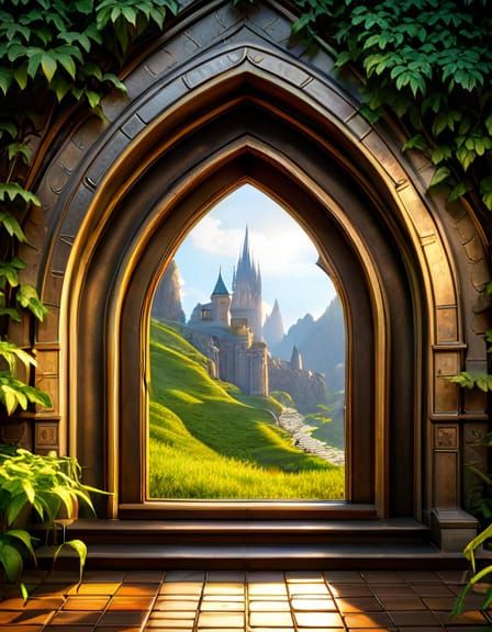Intricately designed magical Window to a fantasy world, Storybook style ...
