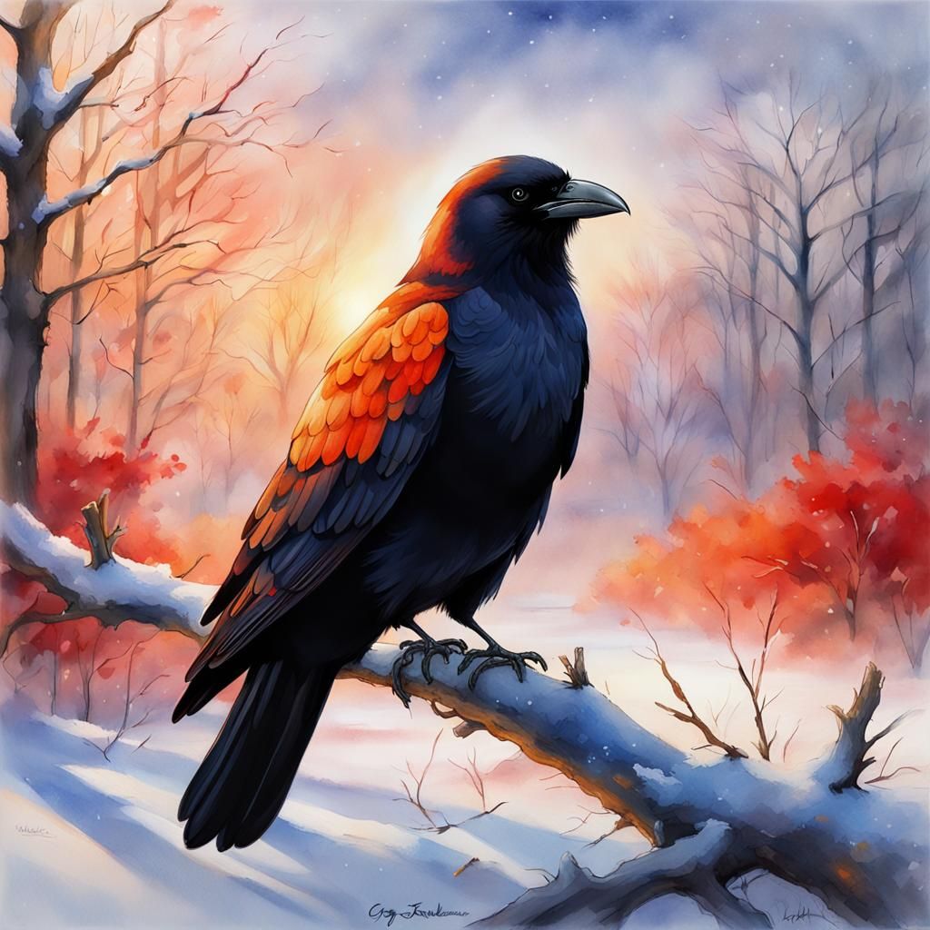 Fire crow perched on a frost-covered branch - AI Generated Artwork ...