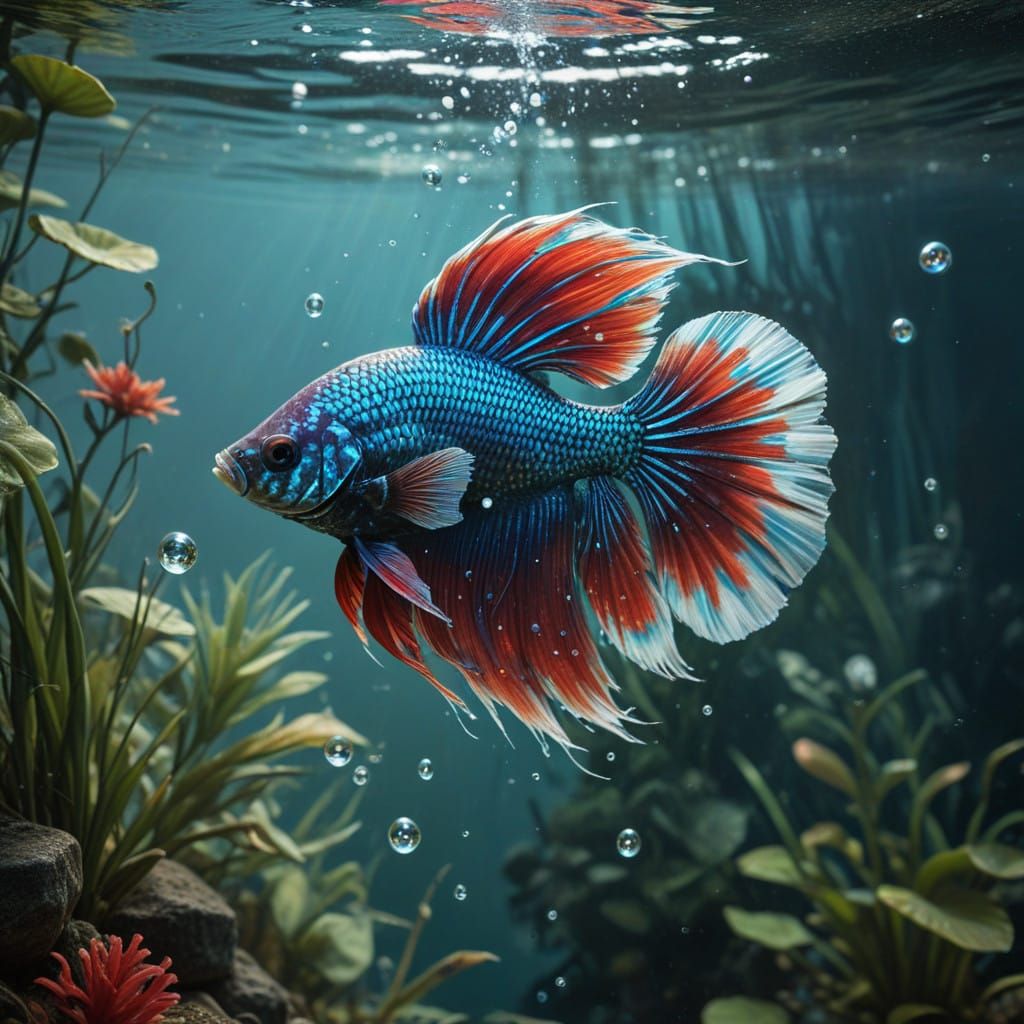 Majestic Male Betta Fish Creates Vibrant Bubble Ne... - AI Art
