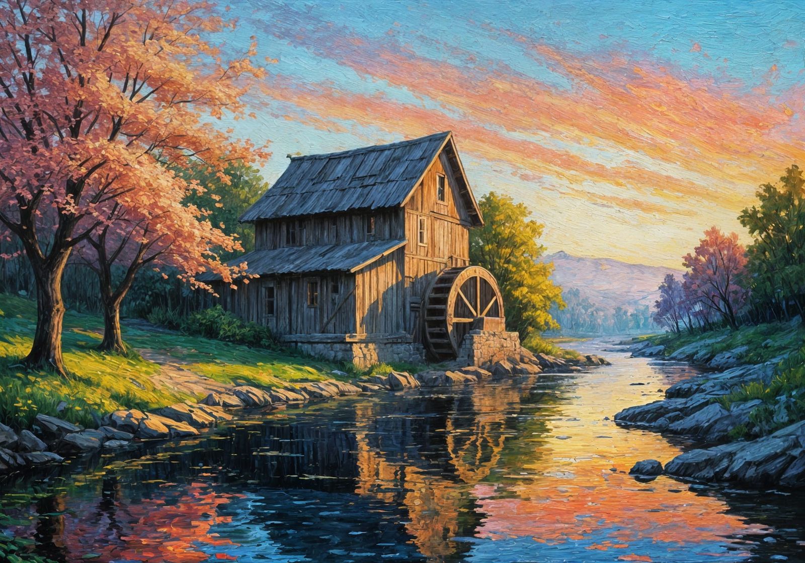 The old water mill - Vibrant Sunset Scene with Watermill in ...