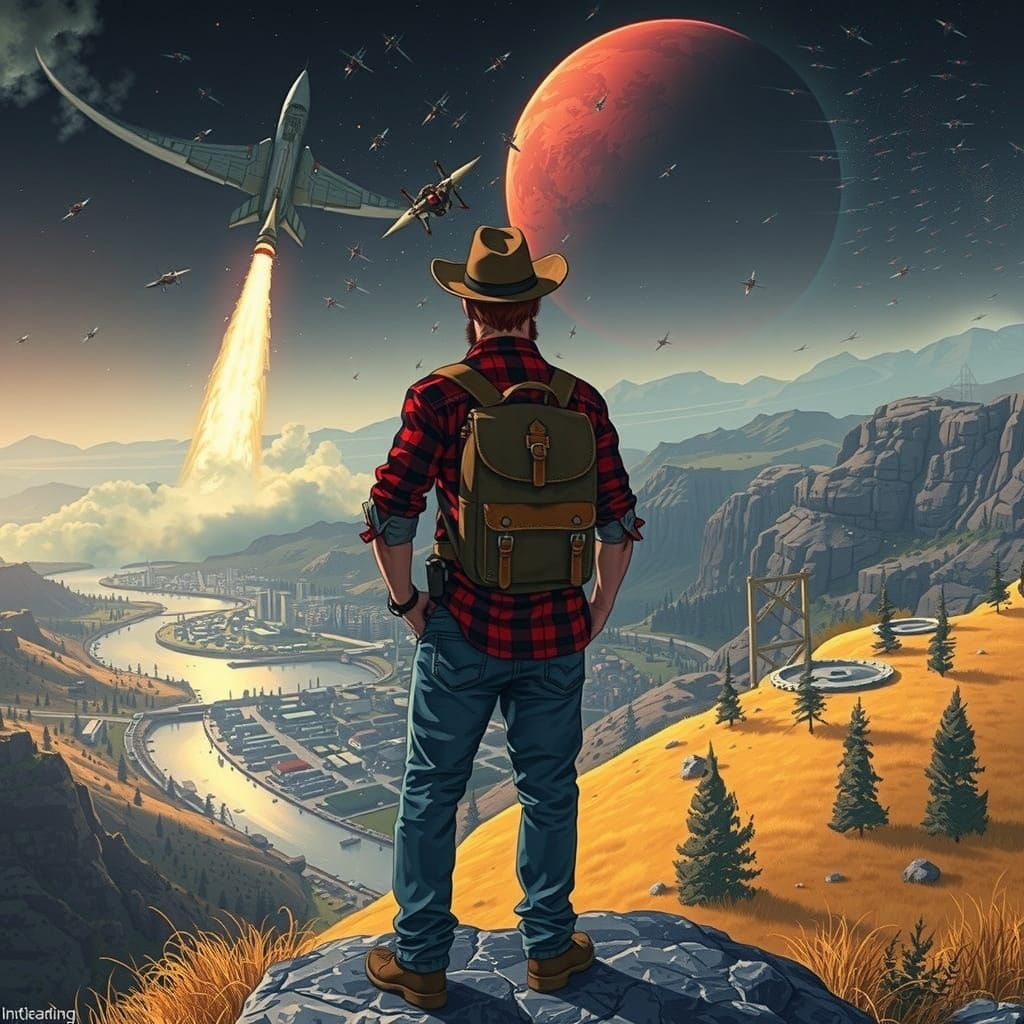 Cyborg Cowboy Stands Vigilant Amidst Ruins and Spa... - AI Art