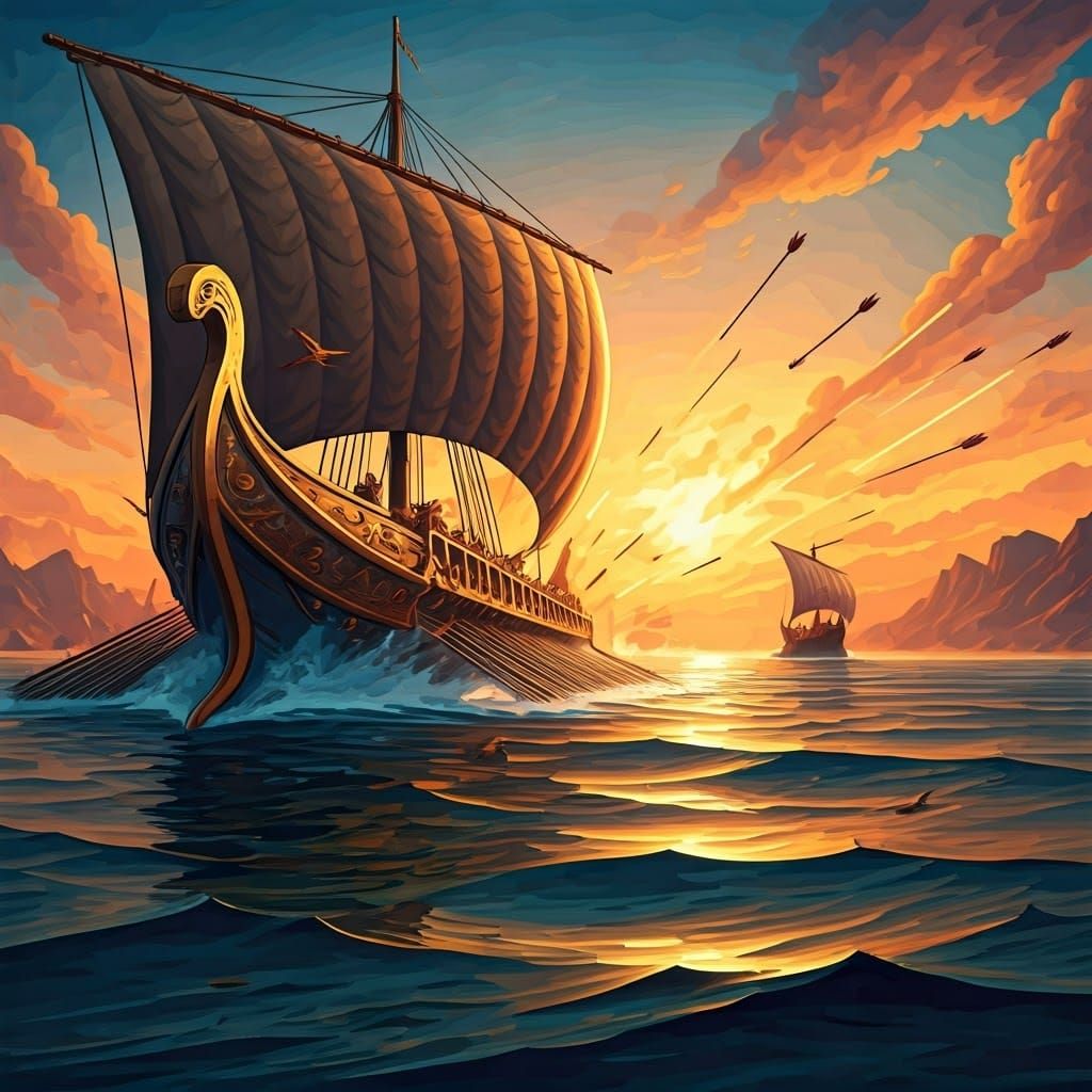 The Athenian ship rammin a Spartan ship flaming arrows Spartan ship on ...