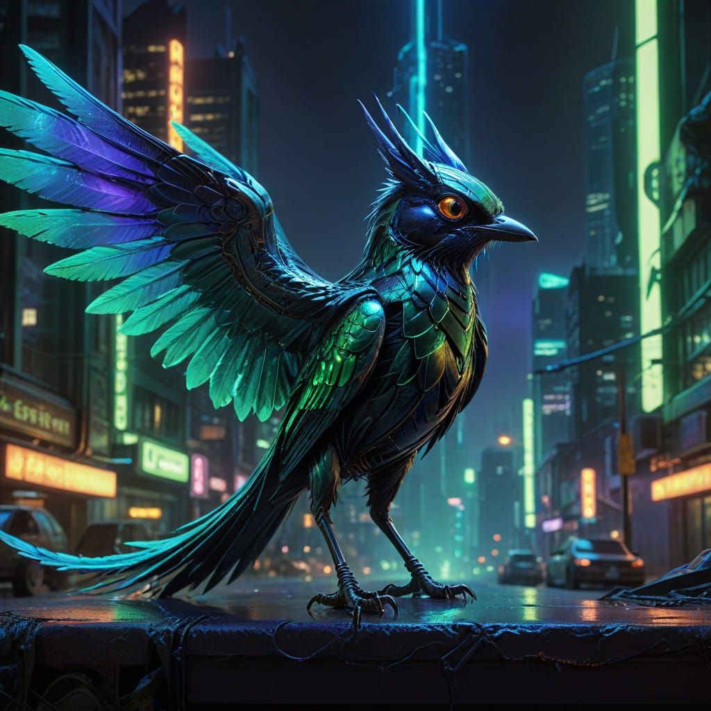 Cyberpunk Robin with Metallic Feathers and Scorpio... - AI Art