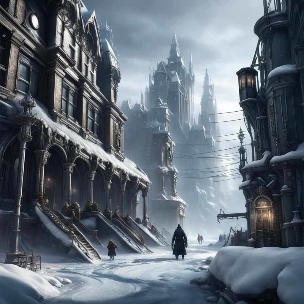 Frostpunk, frozen city, steampunk, concept art, cinematic ...
