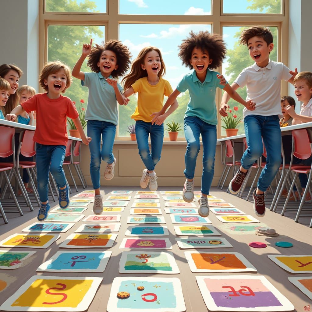 Students Jump Next to Colorful Flashcards in a Vib... - AI Art