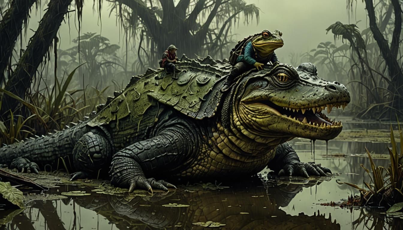 toads riding an old alligator - AI Generated Artwork - NightCafe Creator