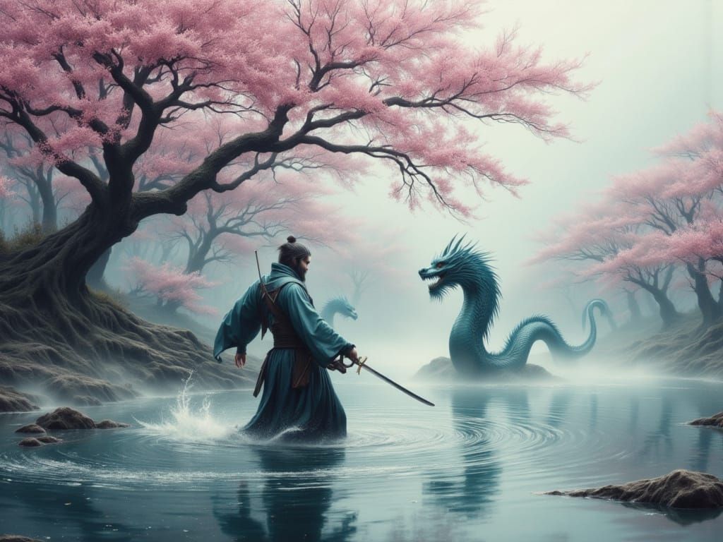 Ethereal Samurai in River, Surrounded by Water Dra... - AI Art