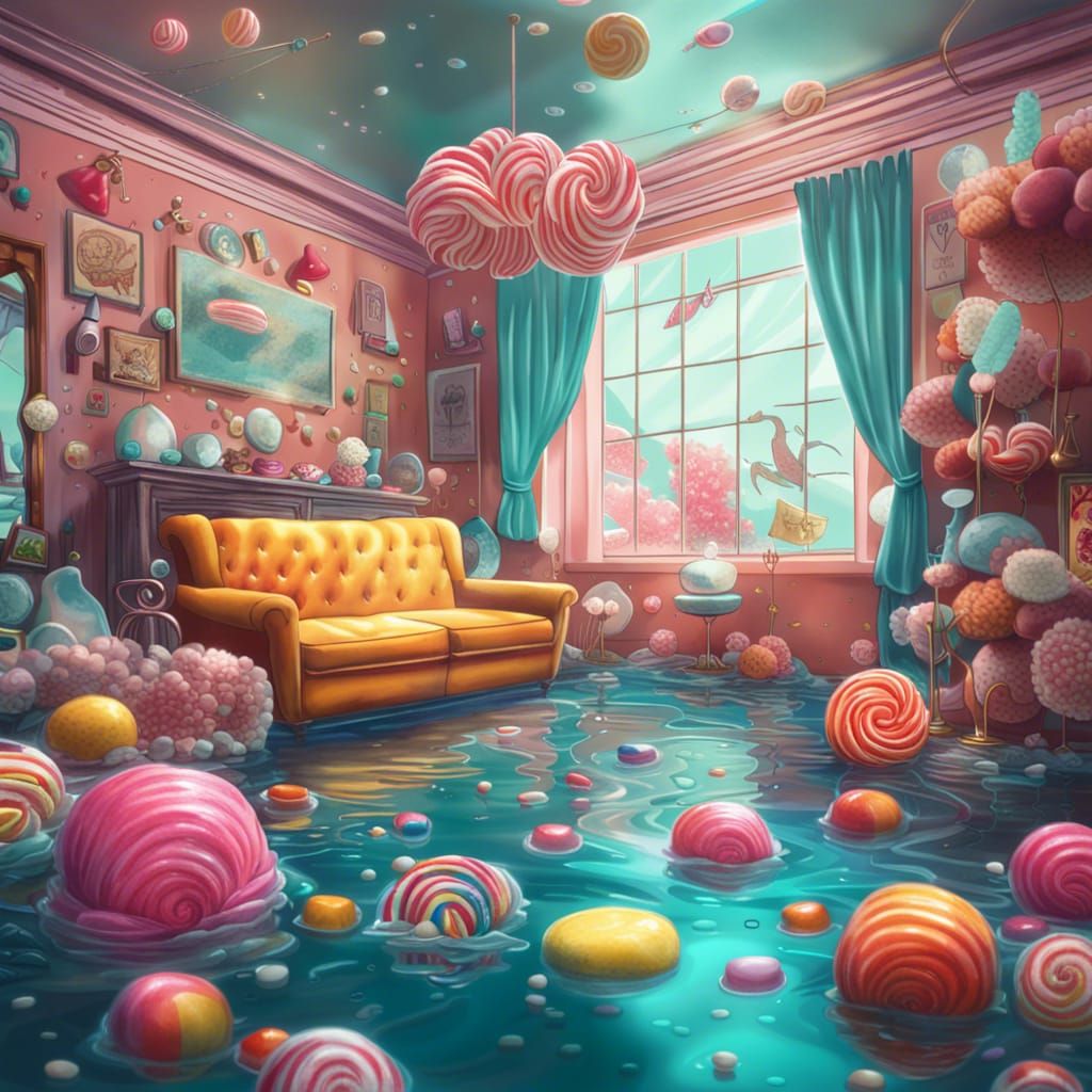 Flooded Candy Living Room - AI Generated Artwork - NightCafe Creator