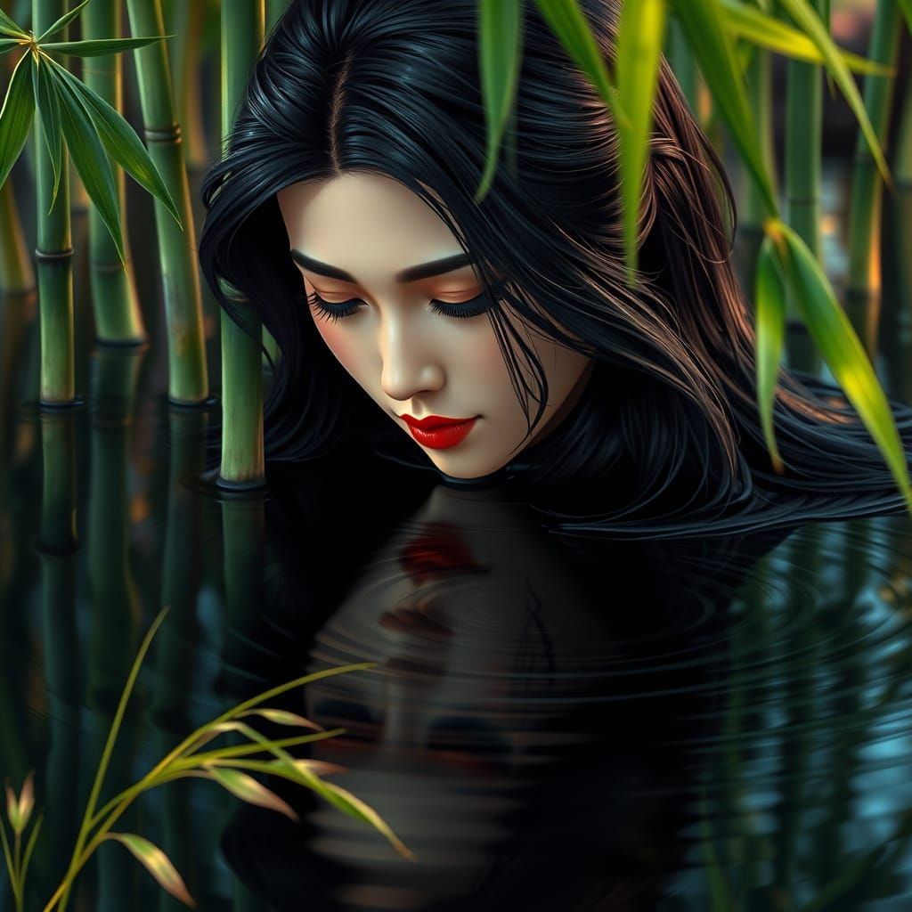 Serene Woman Lost in Thought Amidst Water and Bamb... - AI Art