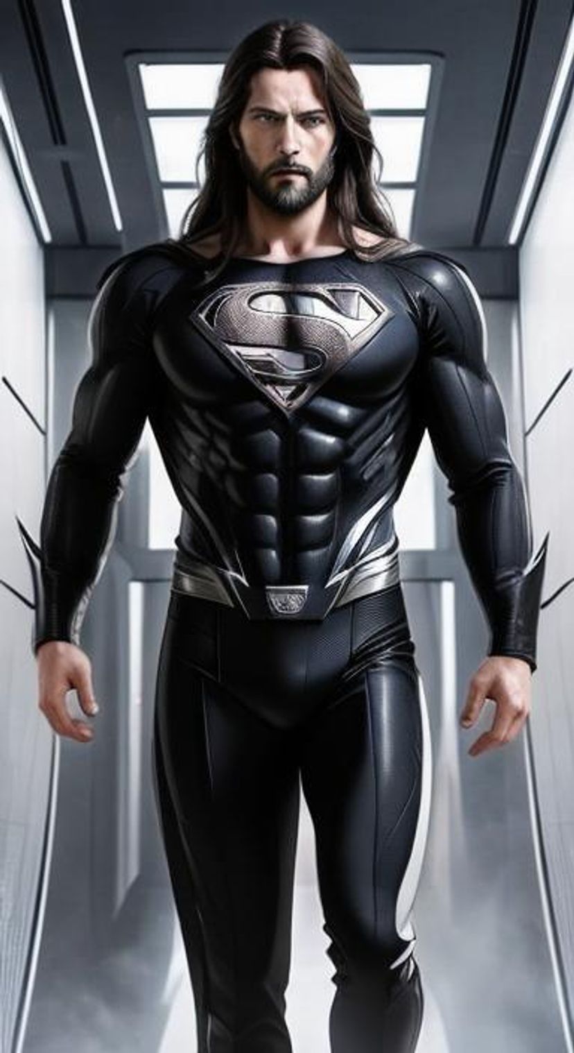 David Corenswet with a 2 day beard, and long hair, wearing Black and Silver SuperMan suit. - AI ...