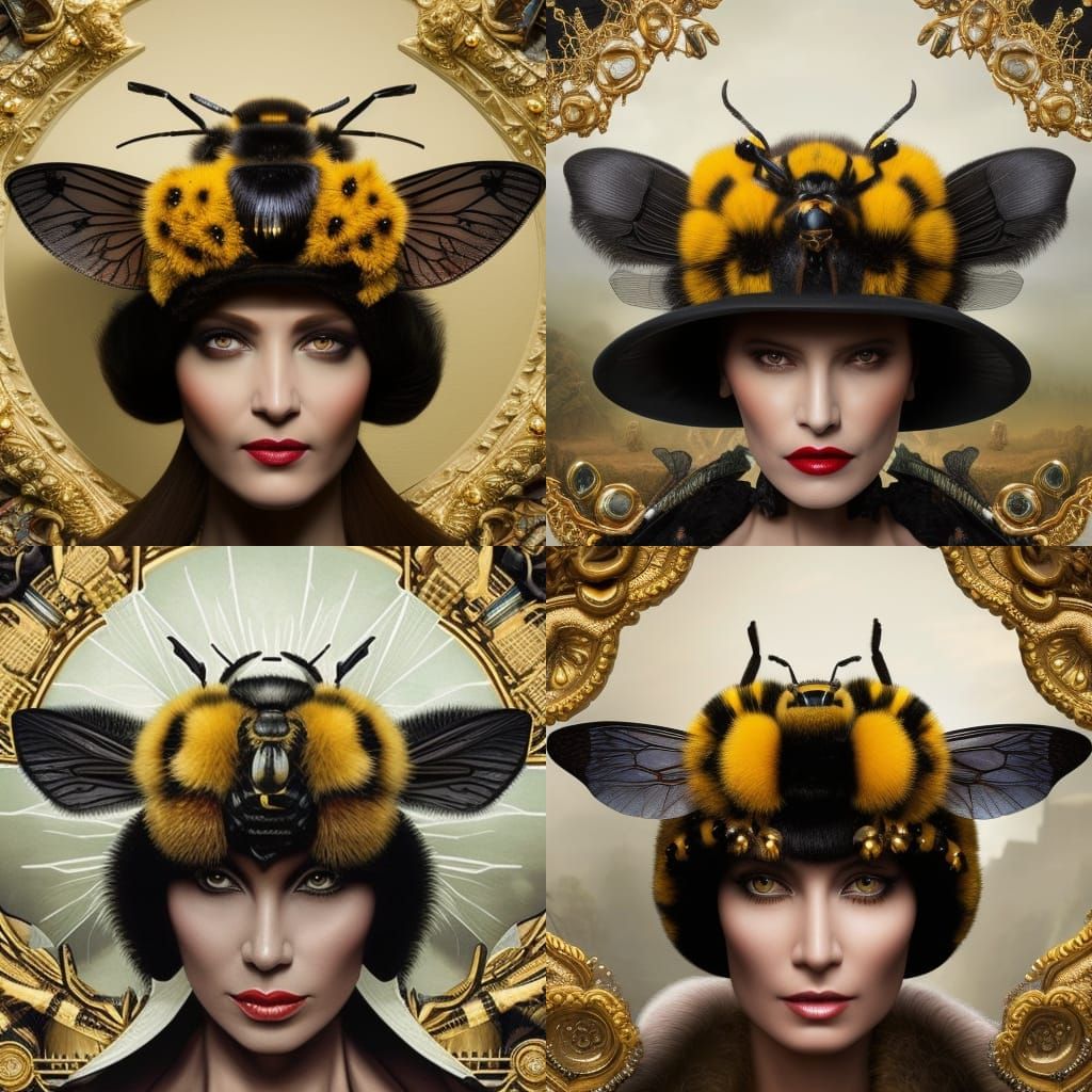 8k portrait of a Giant Bumblebee Queen wearing a crown, Royal Jelly ...