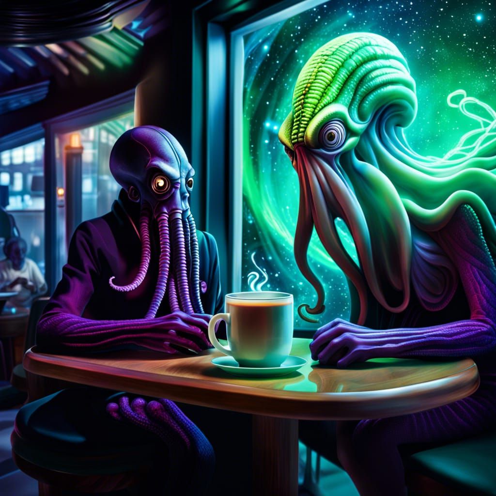 Friendly Cthulhu alien and Human enjoying Coffee - AI Generated Artwork ...