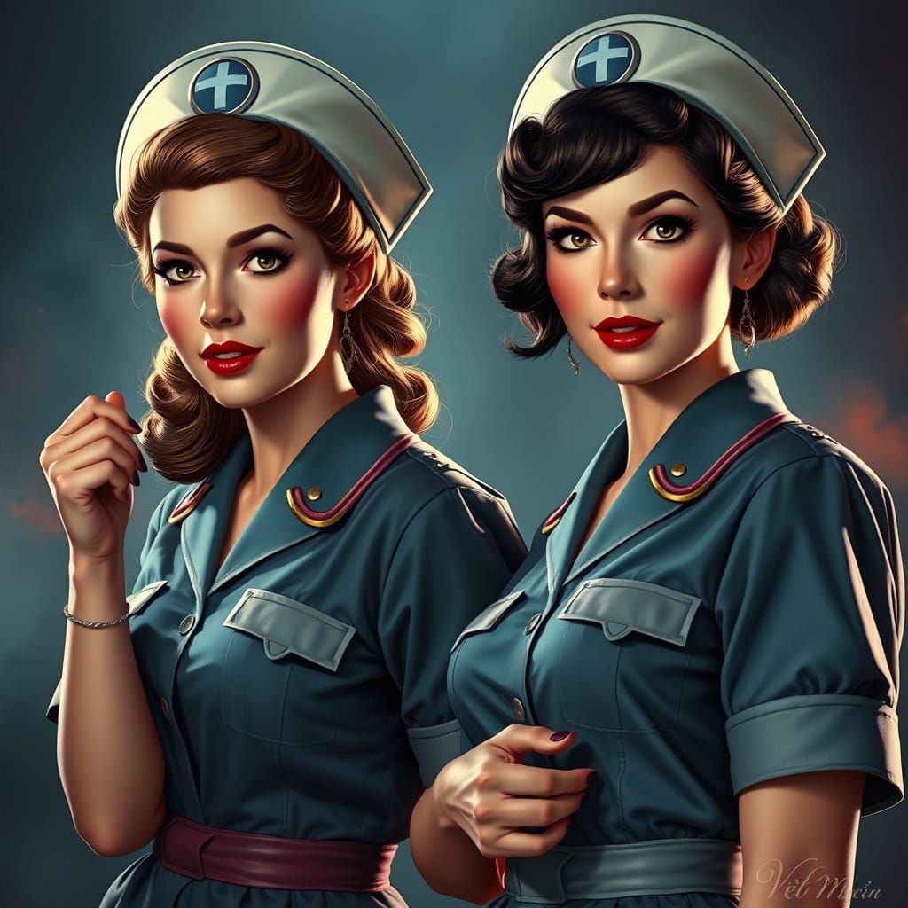 1940s Pin Up Girls WW2 Nurses - Vibrant Pin-Up Nurses in a F...