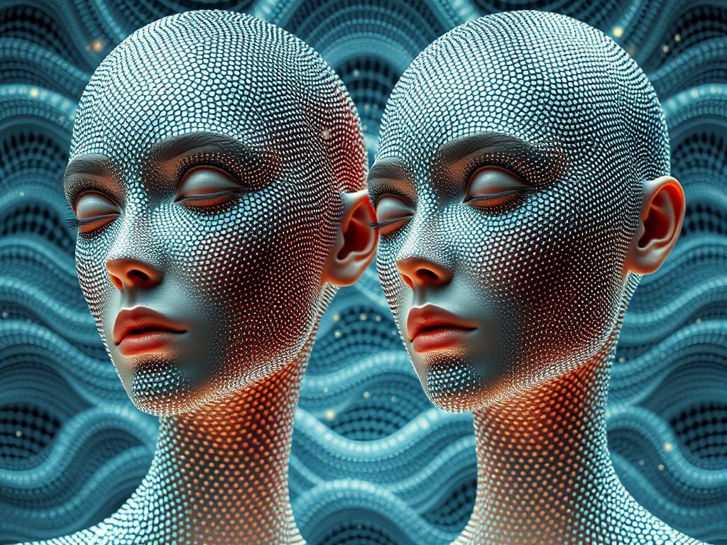 Two faces morphing into one via nanobot swarms (style: Zaha Hadid meets ...