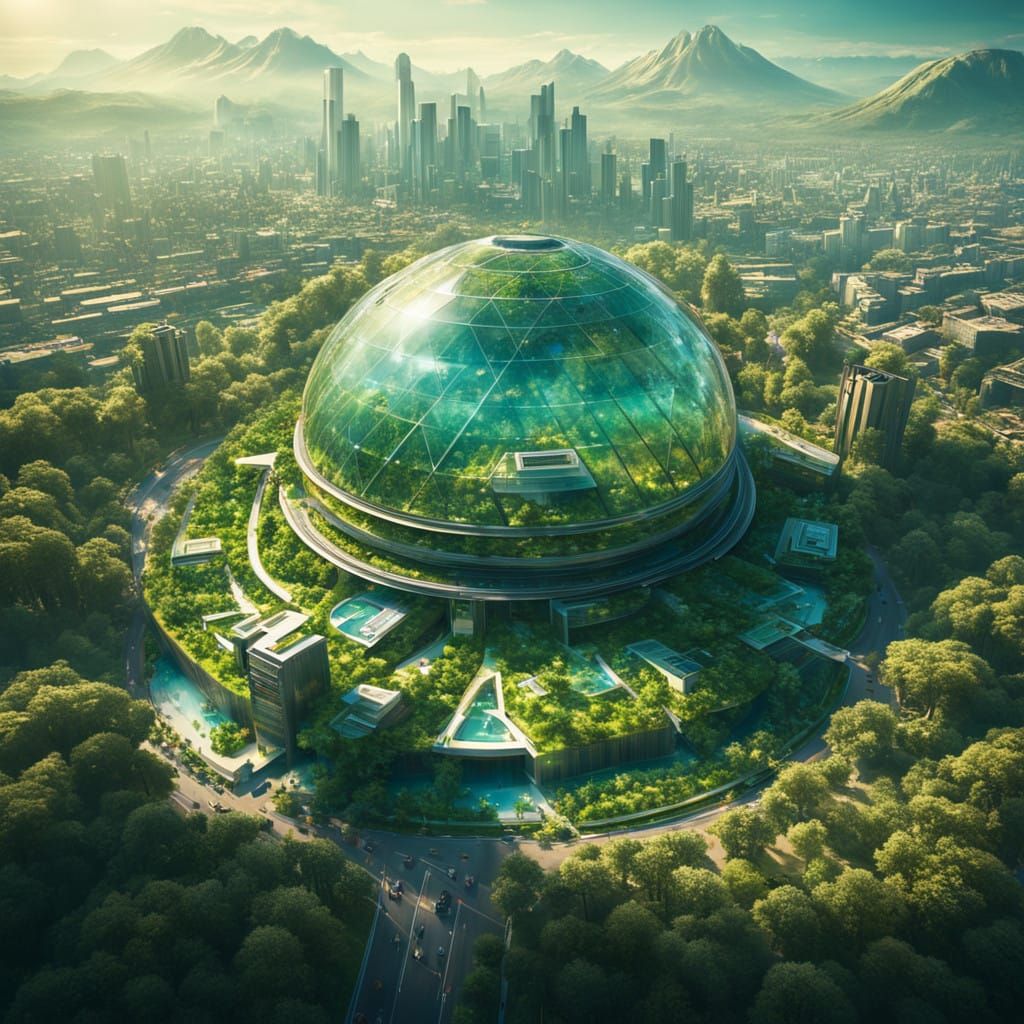 Solarpunk art of a futuristic city