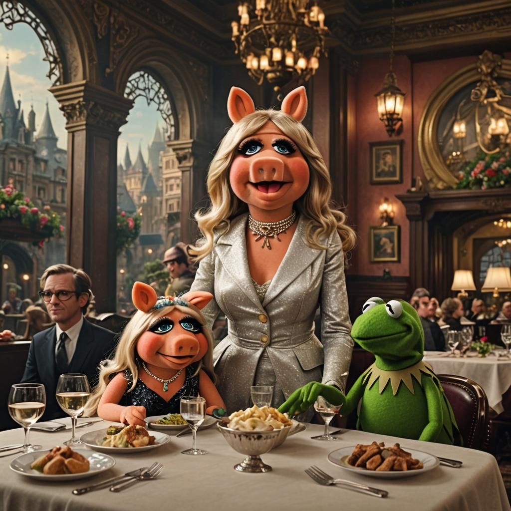 Kermit and Miss Piggy and their daughter in a fancy restaurant. - AI ...