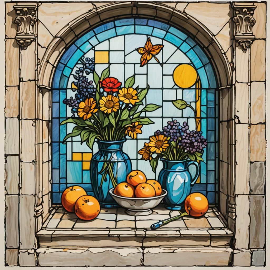 sketch of a square simple stained glass window with various still life objects - AI Generated ...