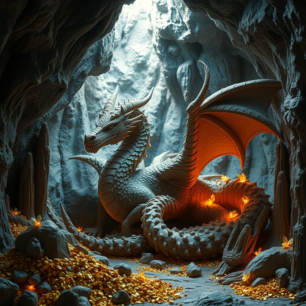 a giant dragon, made of twisted clay scales and sharp, jagged details ...