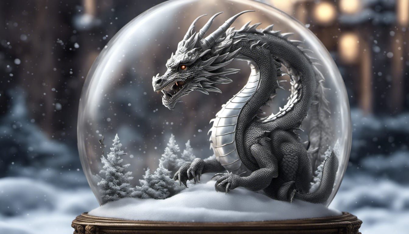 pewter dragon in an ornate snow globe, by Greg Rutkowski detailed matte ...