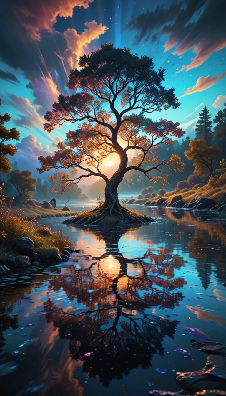 Ethereal Astral Landscape with Glowing Tree and Sw... - AI Art