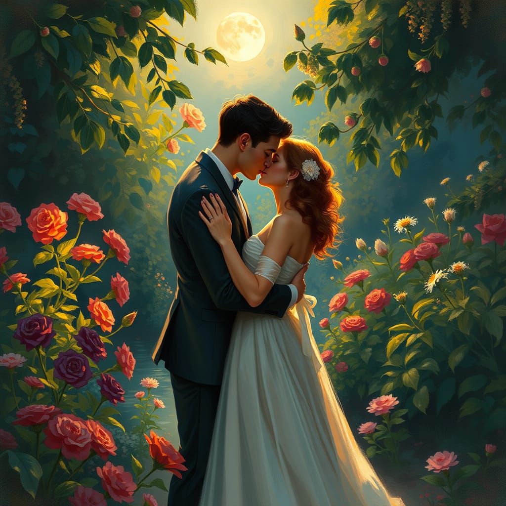 two lovers kissing - Elegant Moonlit Garden Romance in Impre...