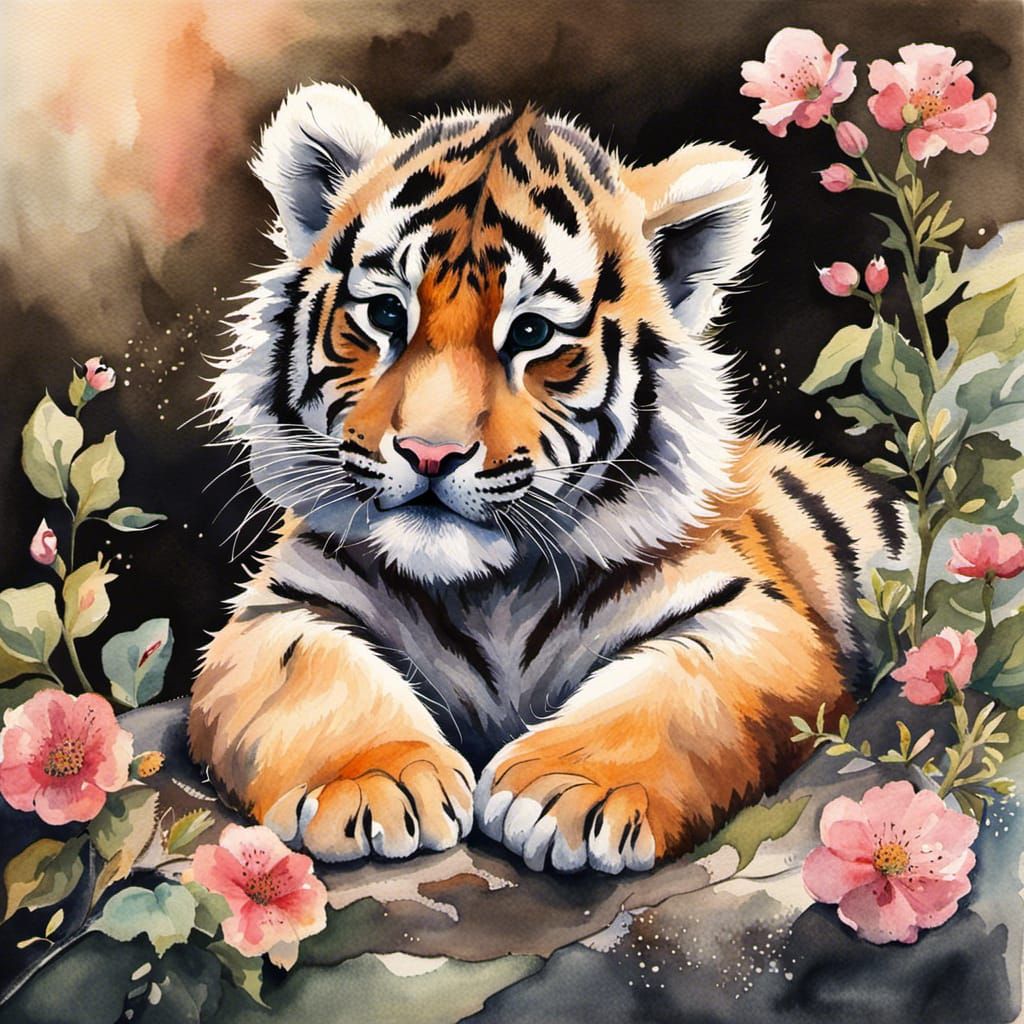 An Adorable small tiger cub sleeping watercolor art, Flowers, depth ...