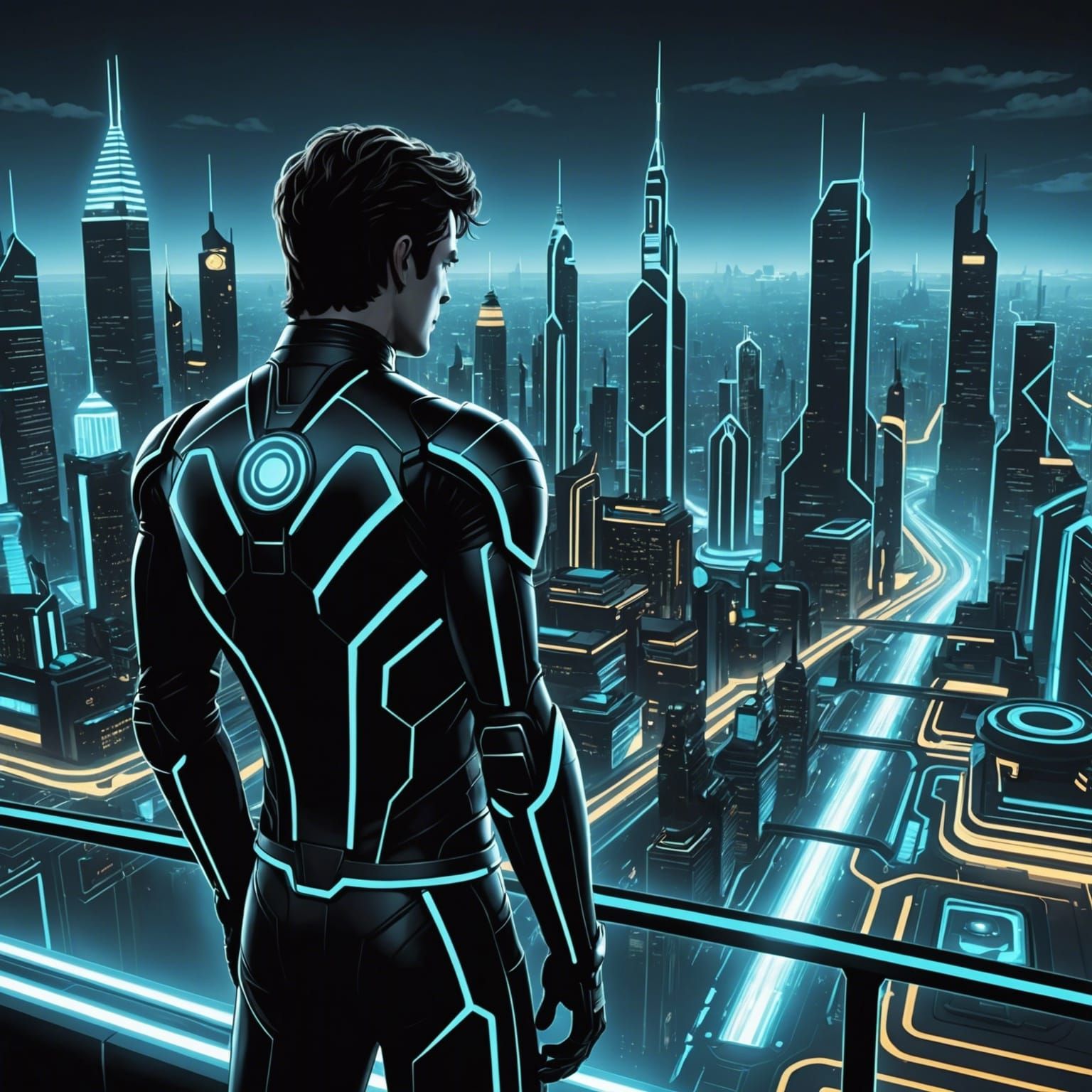 (TRON Looking over Tron City From TRON: Legacy) art style to TRON ...