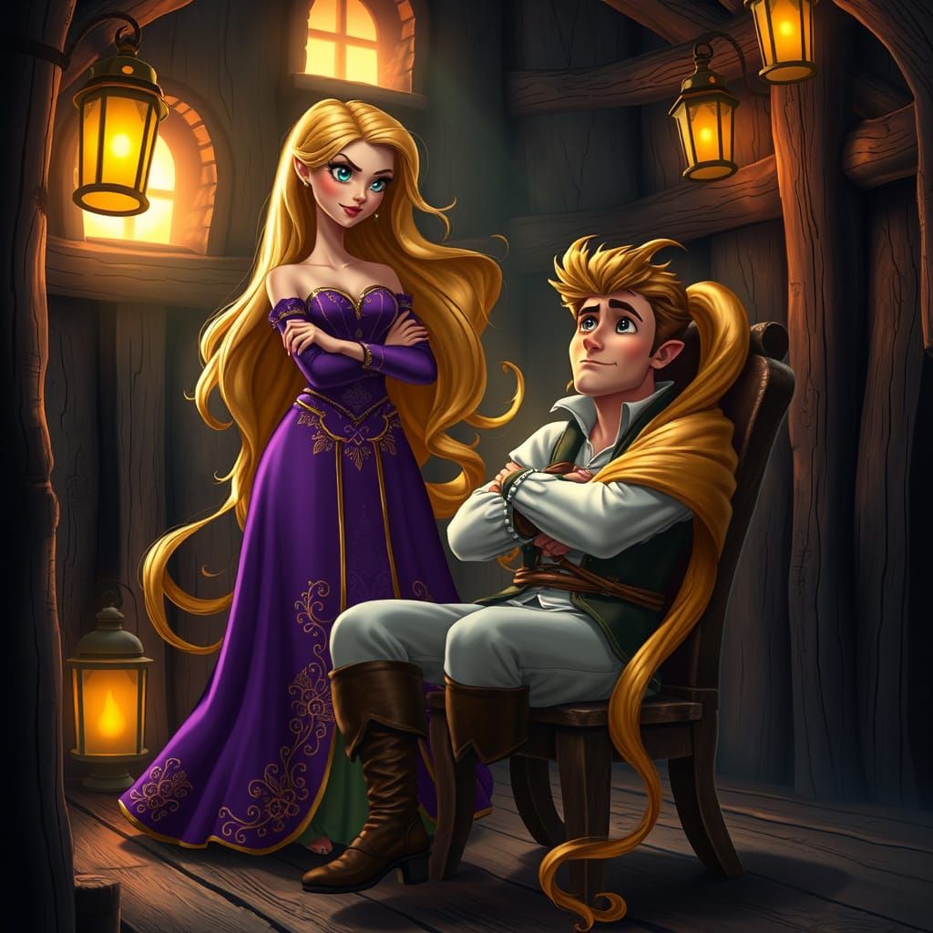 Elegant Fantasy Scene in a Rustic Wooden Tower - AI Art