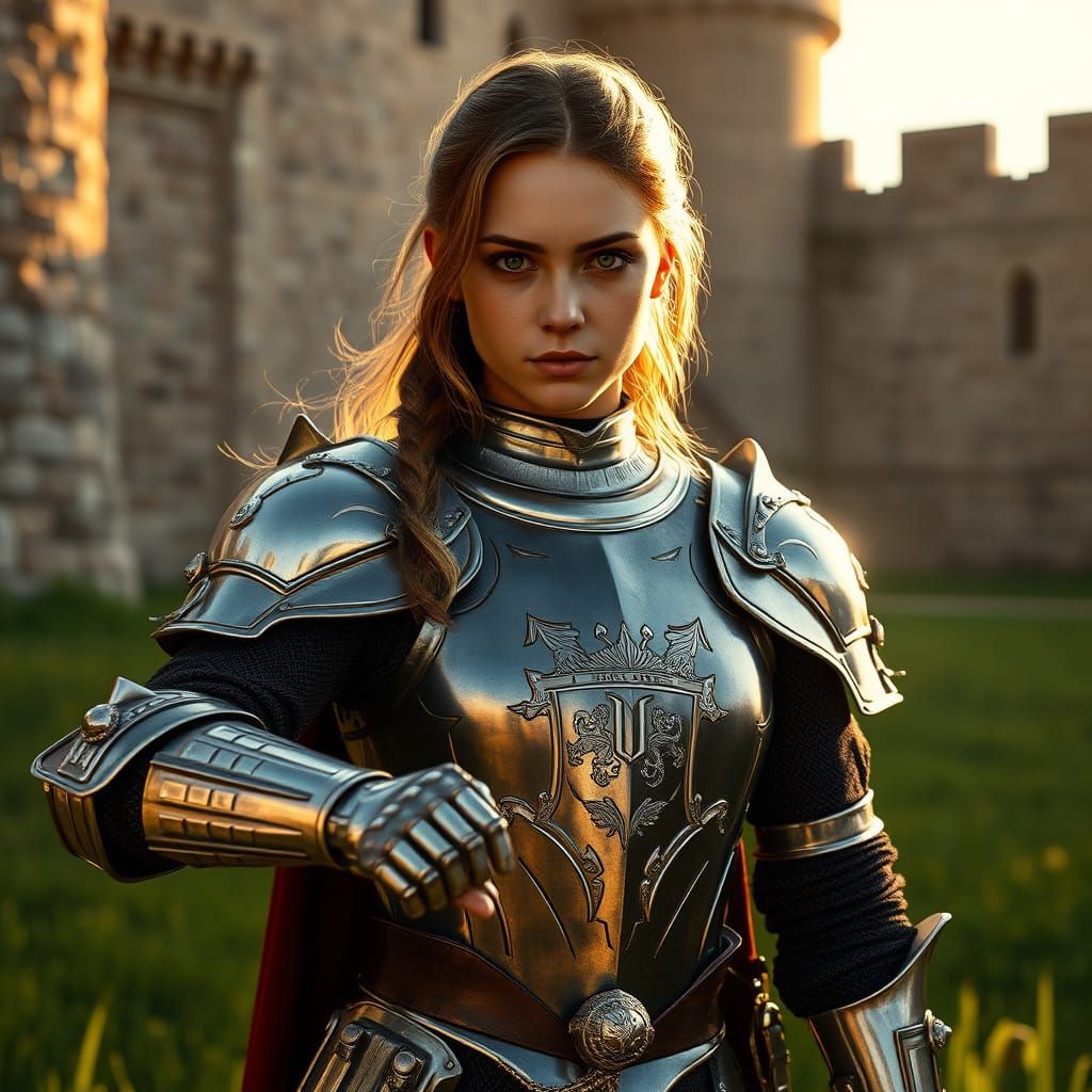 Heroic Medieval Maiden in Polished Armor on Castle... - AI Art